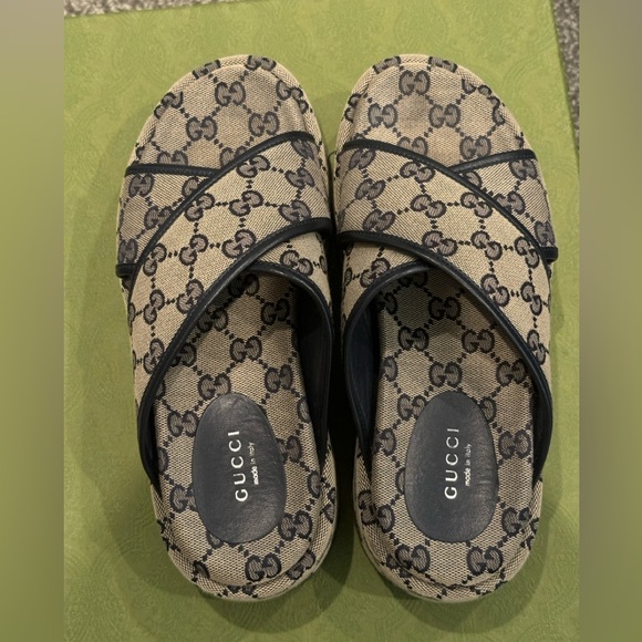 Gucci | Shoes | Gucci Monogram Criss Cross Platform Slidesandals Beige ...